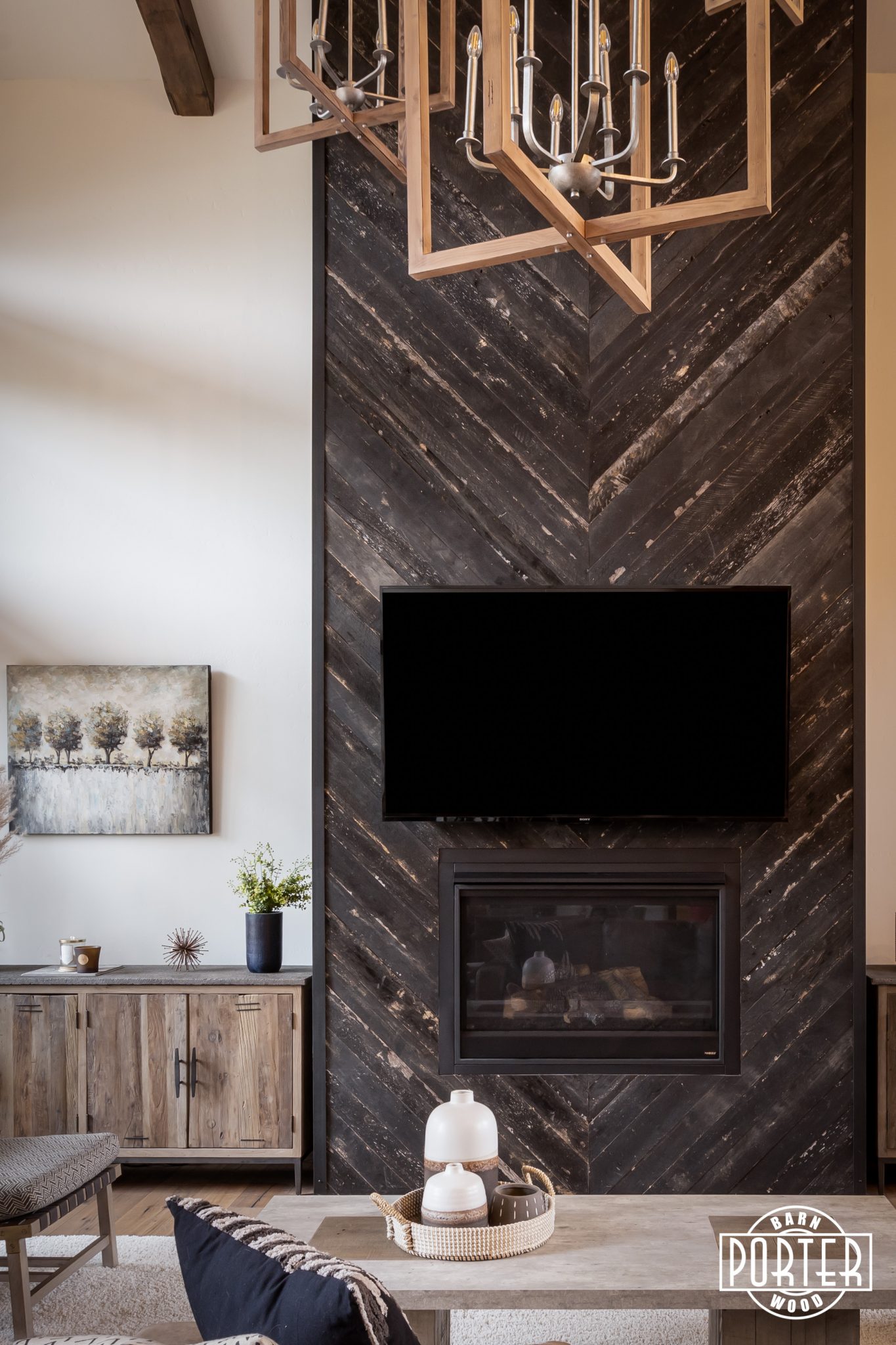 Speckled Black Chevron Fireplace Wrap | Porter Barn Wood