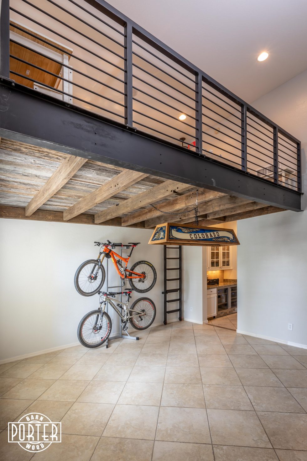 Steel Loft With Rolling Ladder & TBG Ceiling | Porter Barn Wood