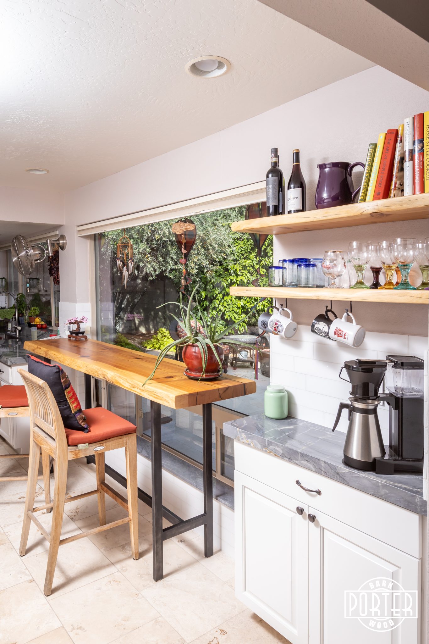 Reclaimed Open Shelves & Live Edge Table | Porter Barn Wood